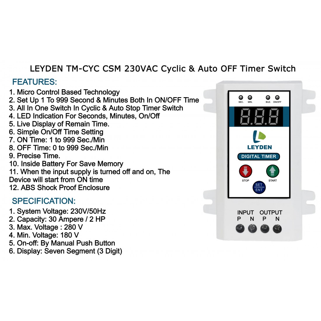 LEYDEN® TM-CYC CSM 30A, 230 Volt AC (1 to 999 Sec./Min.) ON/Off Digital ...