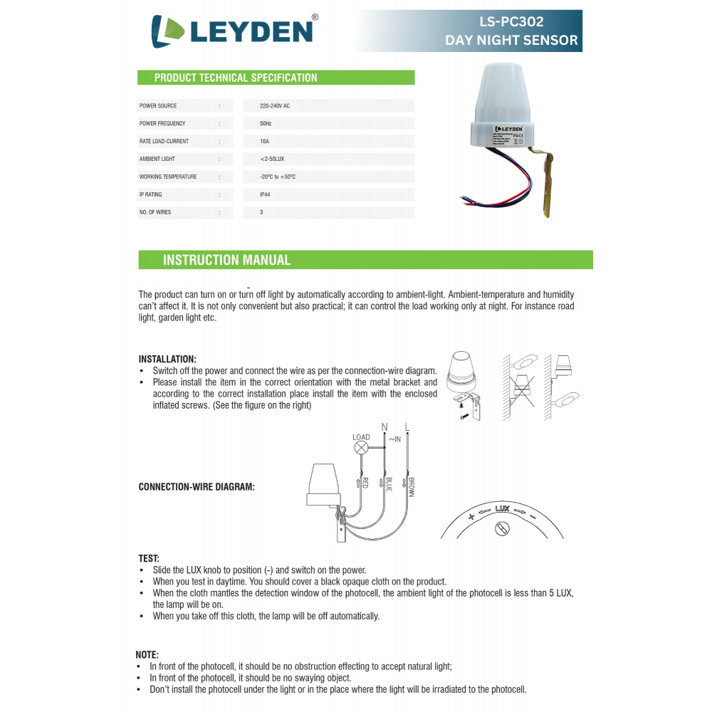 LEYDEN® LS-PC302 220VAC, 10A Auto Day/Night On & Off Photocell, LDR ...